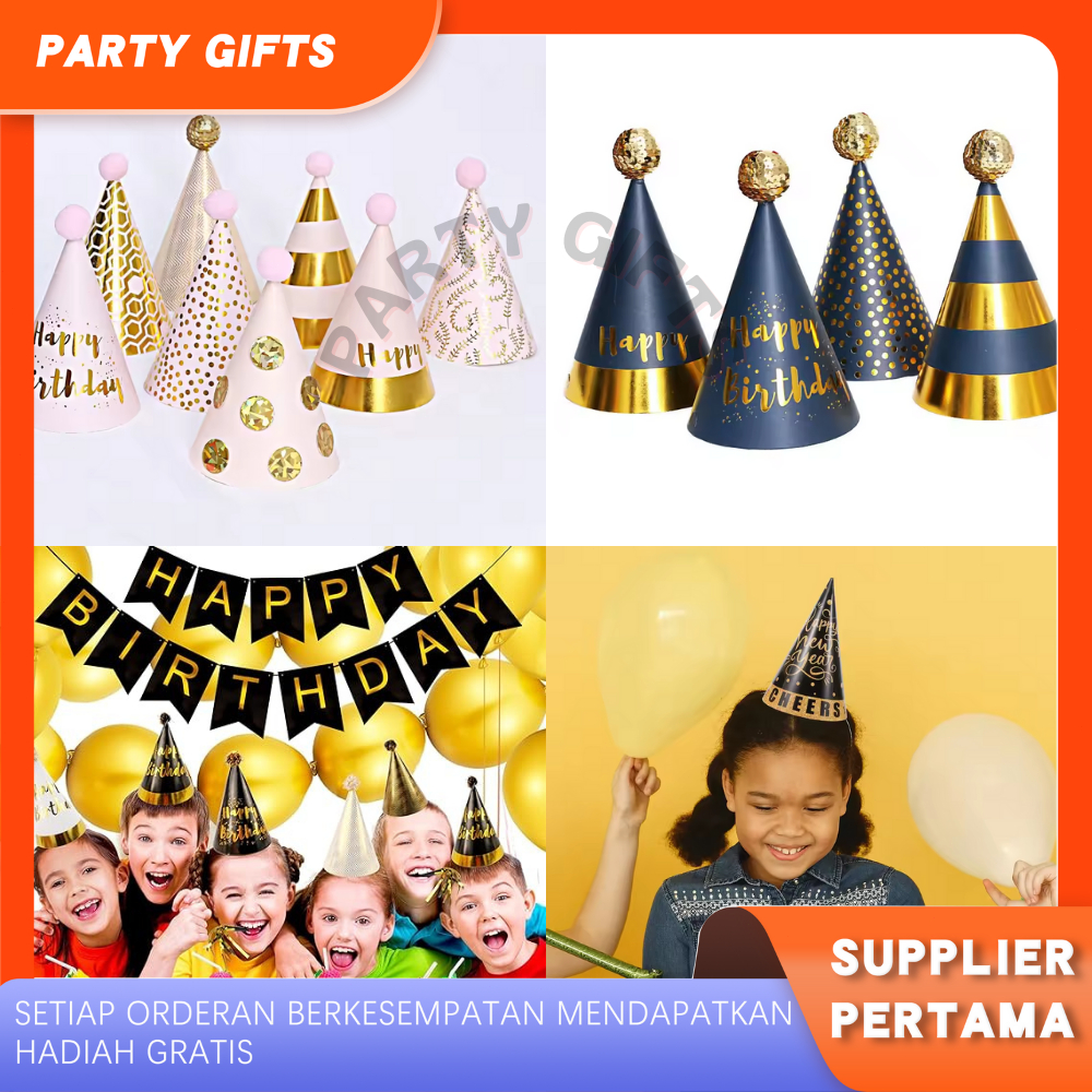 Jual Topi Ulang Tahun Kerucut Gold Hitam Mengkilat Topi Untuk Pesta ...