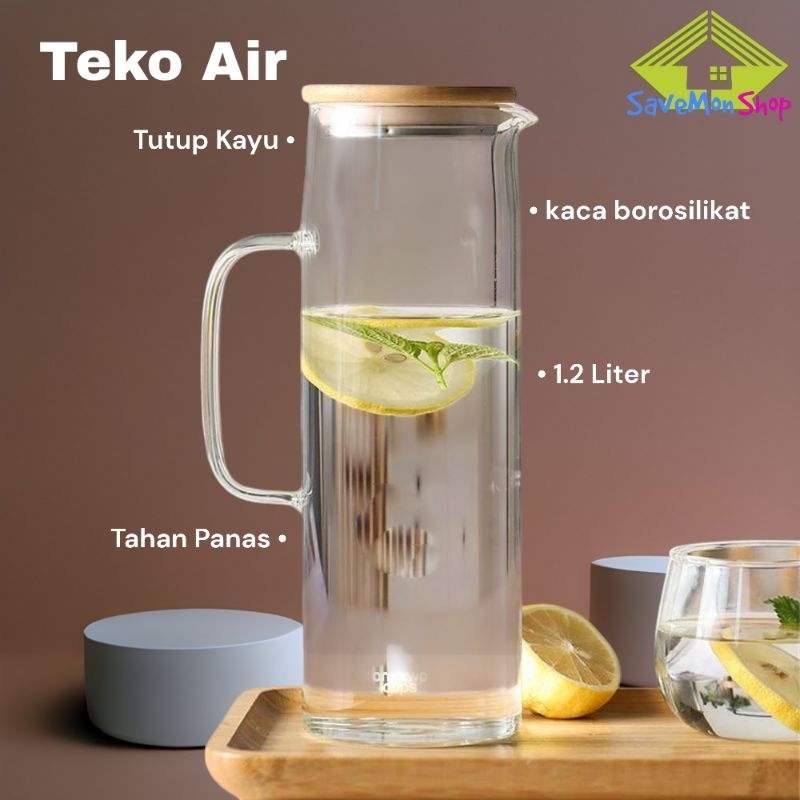 Jual Teko Kaca Tutup Kayu 1500 ml Pitcher Water Jug Drink Set ...