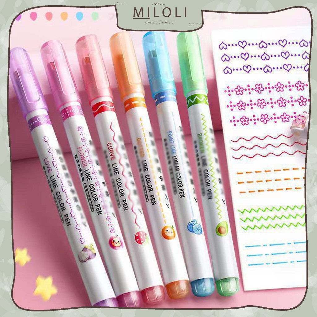 Jual [MILOLI] 6Pcs LINEAR COLOR PEN Highlighter Roller Tip Pena Curva ...