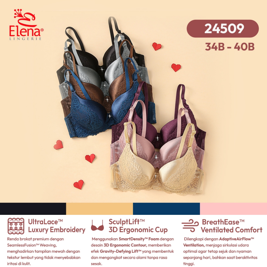 Jual Elena Wired Bra Kawat 3 Kait Busa Sedang Renda Brokat 3/4 Cup Lembut Nyaman 34B-40B E 24509 ...