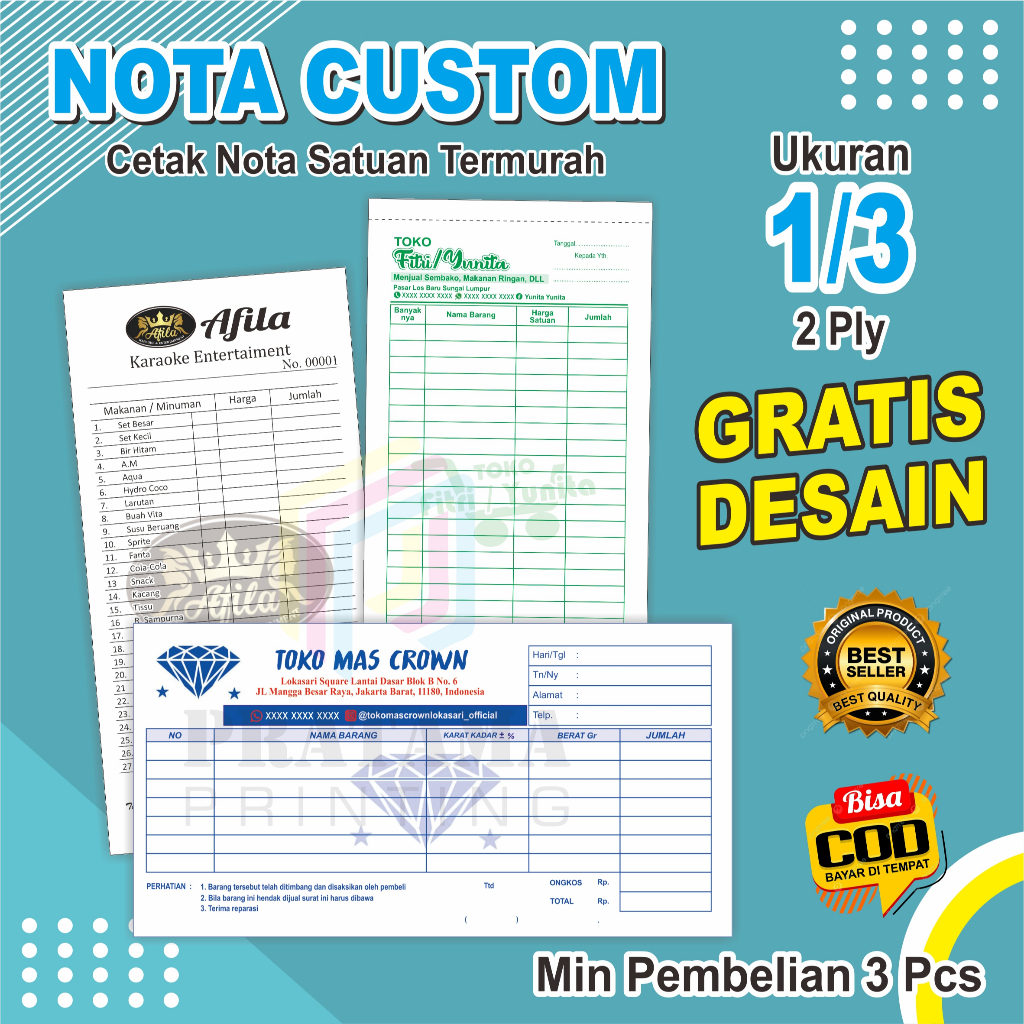 Jual Cetak Nota custom 2 ply 1/3 folio pakai nama toko sendiri nota ...