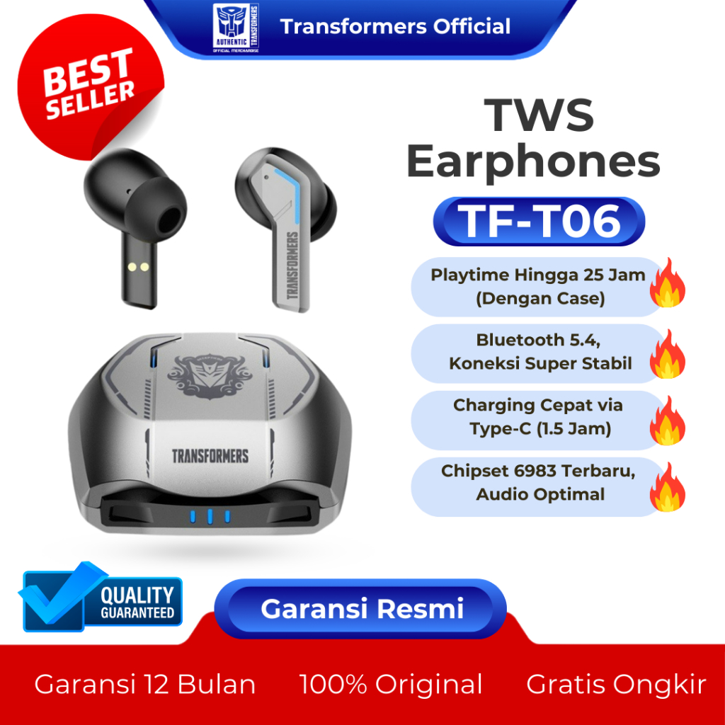 Jual Transformers TWS TF-T06 TWS Earphone Wireless Bluetooth 5.4 dengan HiFi Sound dan Daya ...