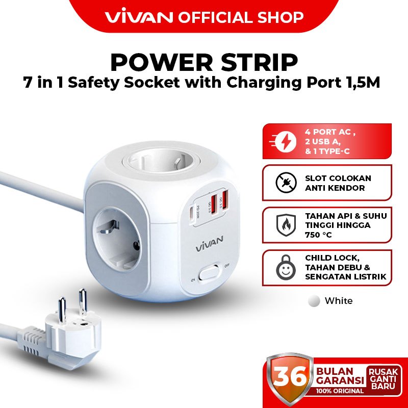 Jual VIVAN Safety Socket VPS-H008A | Colokan Listrik Cube 7 in 1 | 20W ...