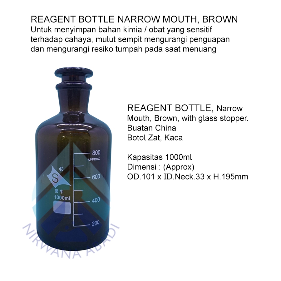Jual Botol Reagen 1000ml coklat mulut sempit RRT, Reagent Bottle Amber Narrow Mouth China, Botol ...
