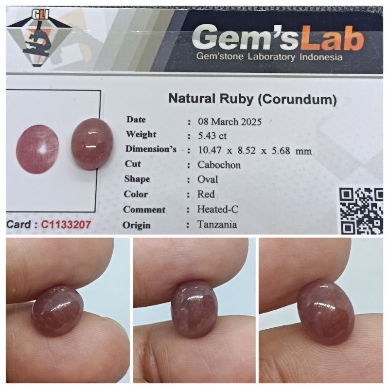 Jual Natural Red Ruby Tanzania Afrika 5,4ct memo GemLab warna bagus ...
