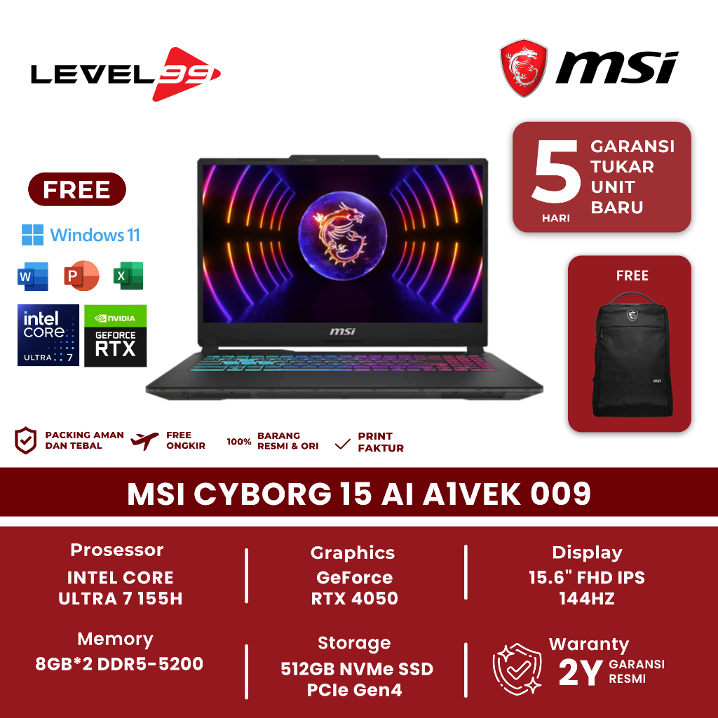 Jual Laptop Gaming Msi Cyborg 15 Ai A1Vek 009 Ultra 7 155H/512Gb/Rtx4050 | Shopee Indonesia