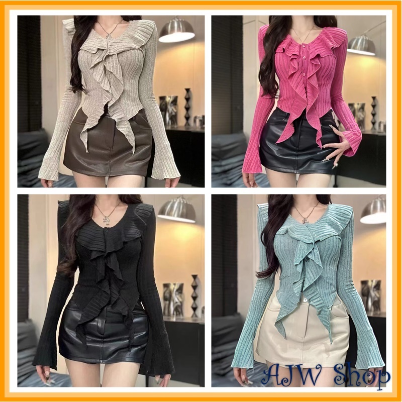 Jual AJW Atasan Wanita Ruffle Knitwear Lengan Panjang RQM | Atasan Rajut Wanita Ruffle Kerah ...