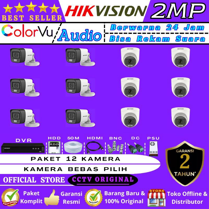 Jual PAKET CCTV HIKVISION COLORVU AUDIO 12 KAMERA LENGKAP --> 2MP 1080P ...
