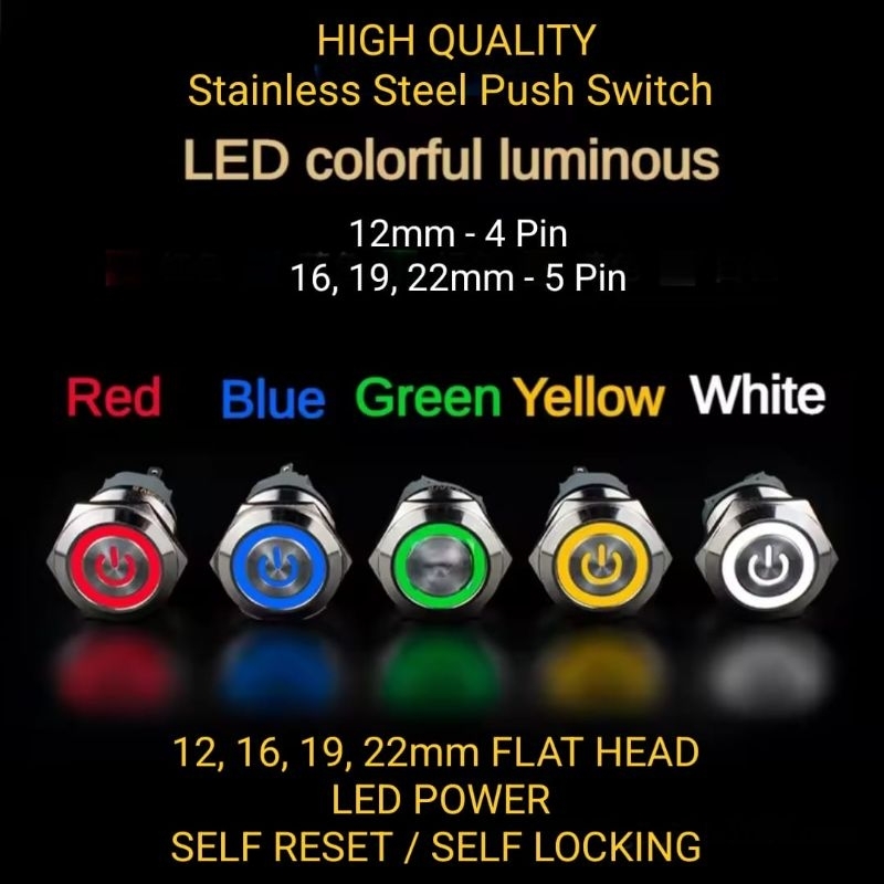 Jual POWER LED 12/16/19/22mm FLAT HEAD Self Reset Self Locking Push ...
