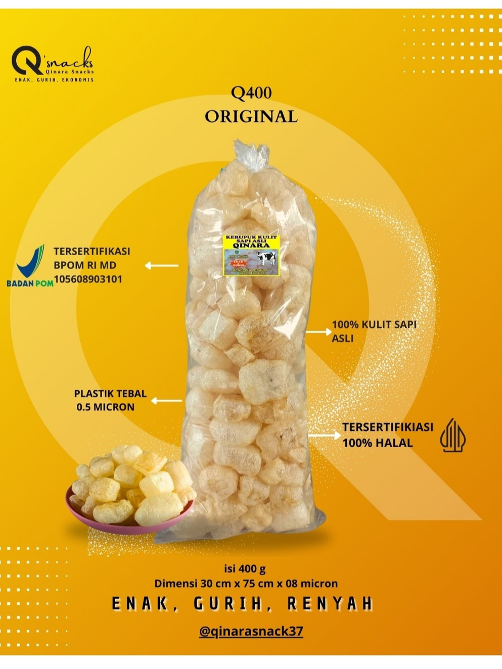 Jual Kerupuk Kulit Sapi Asli Cap QINARA kerupuk rambak kulit sapi 400 g ...
