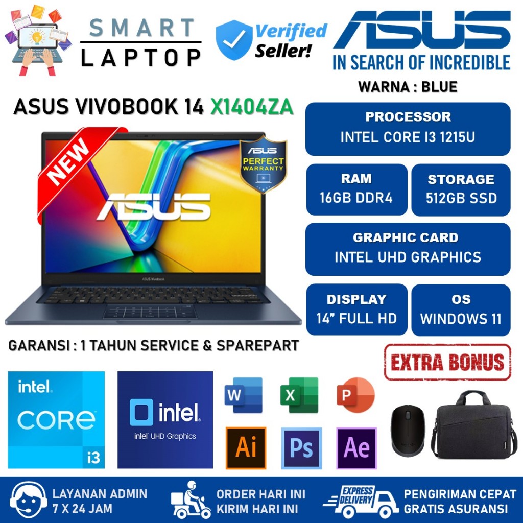 Jual Laptop Asus Vivobook 14 X1404ZA Intel Core i3 1215U 16GB 512GB SSD 15.6" FHD Windows 11 ...