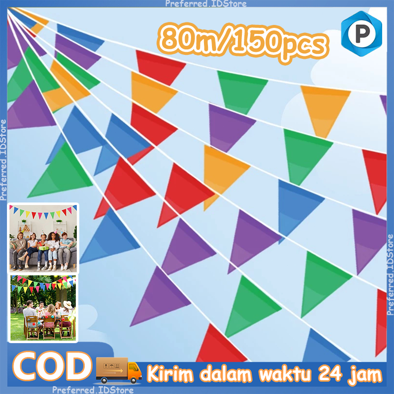 Jual Bendera Segitiga Warna Warni 80 Meter 150Pcs Bendera Kain Segitiga Bendera Hias Festival ...