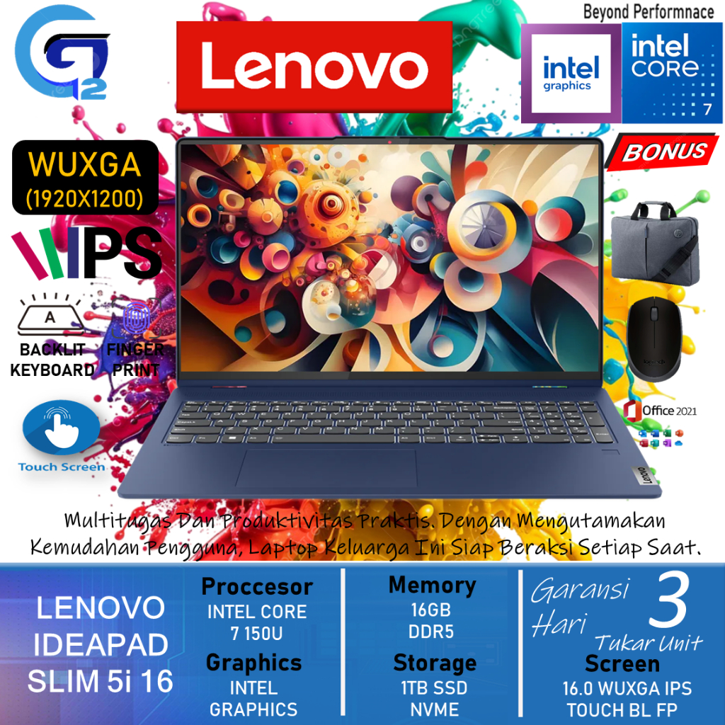 Jual Laptop Lenovo Ideapad Slim 5i 16 Intel Core 7 150U 16GB DDR5 1TB SSD WUXGA IPS TOUCH BL FP ...