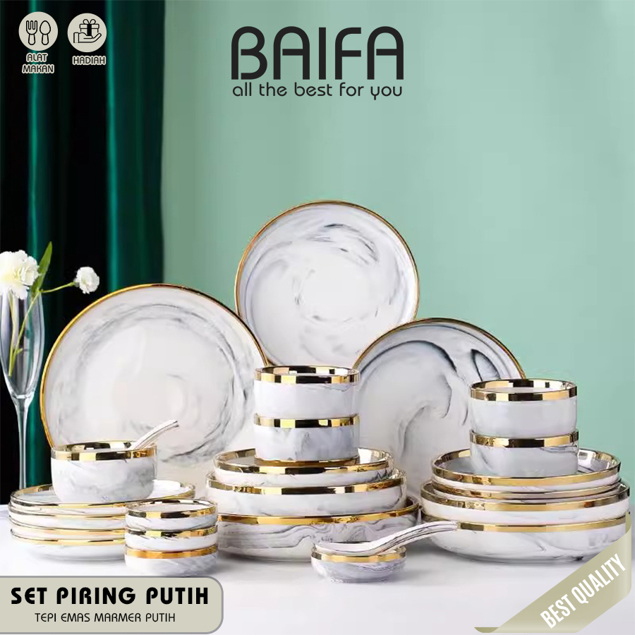 Jual BAIFA - Piring Mangkuk Makan Keramik Abu Marble List Gold Mewah ...