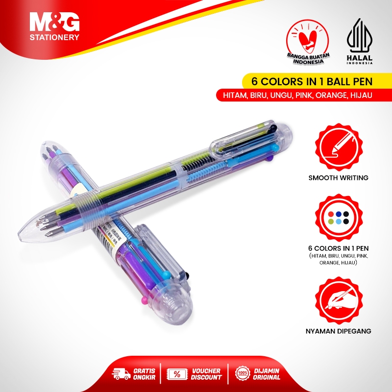 Jual M&G Pulpen 6 Colors in 1 Ball Pen 0.7mm Black/Blue/Purple/Pink ...