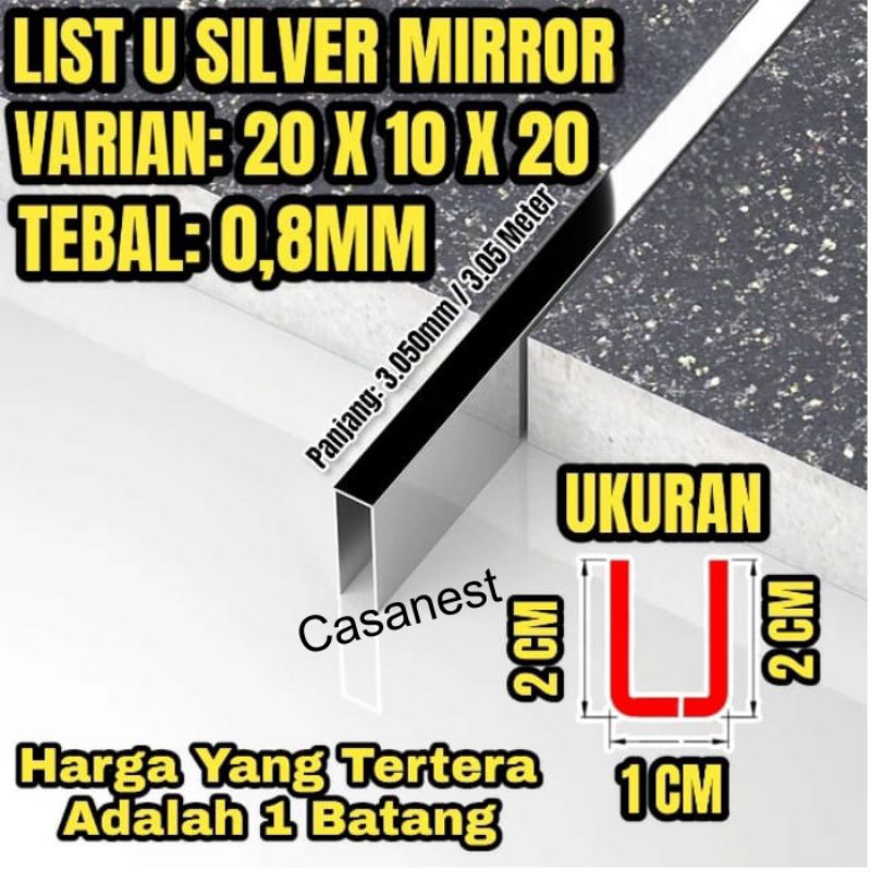 Jual LIST U MIRROR SILVER STAINLESS SUS 201 20X10X20X3.050MM T 0.8MM ...