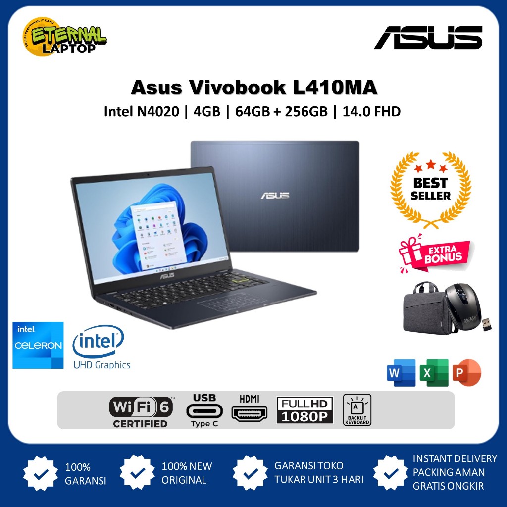 Jual Laptop Sekolah Asus Vivobook 14 L410MA Intel N4020 RAM 4GB 512GB ...