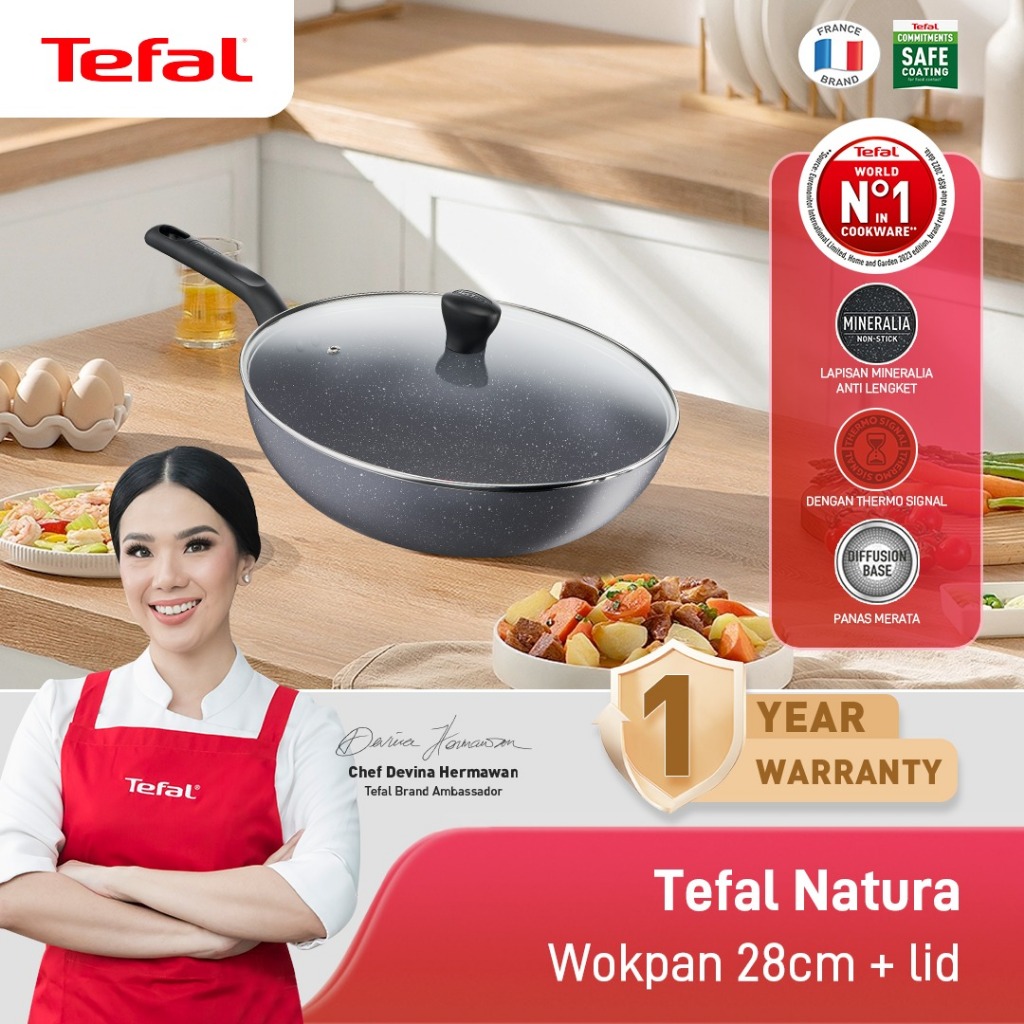 Jual Tefal Wajan Anti Lengket / Penggorengan / Pan - Natura Wokpan 28cm Dengan Tutup - Garansi 1 ...