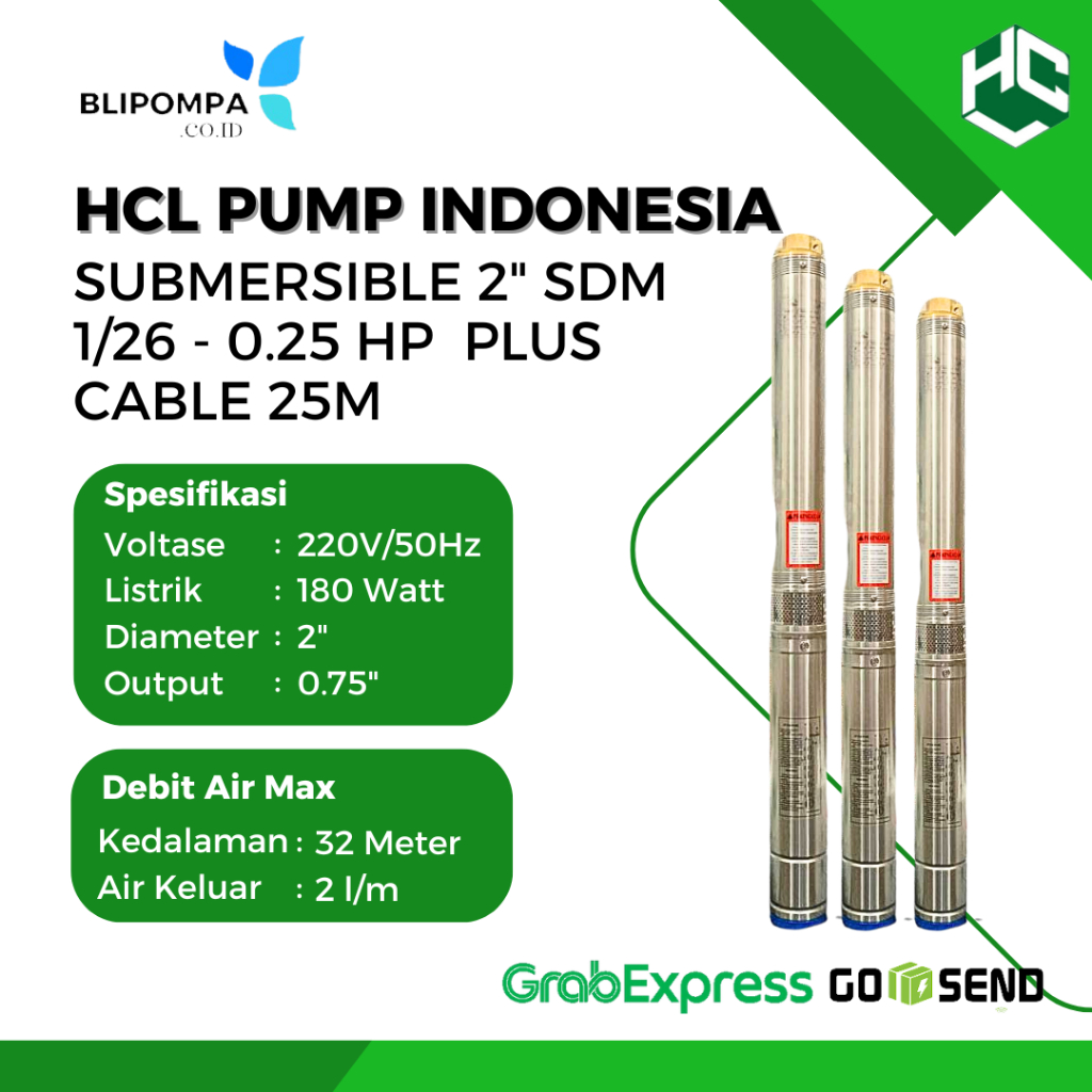 Jual HCL PUMP SUBMERSIBLE 2” SDM 1/26 0.25 HP PLUS KABEL 25 METER ...