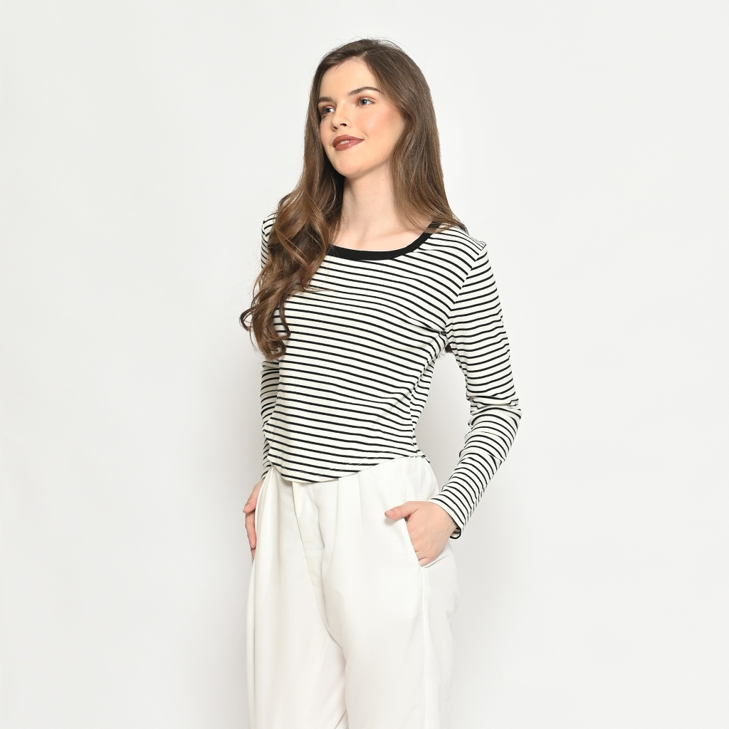 Jual QUEENTIN Kaos Wanita Curve Hem 3559-1 Stretch Rib Knit Motif Salur ...