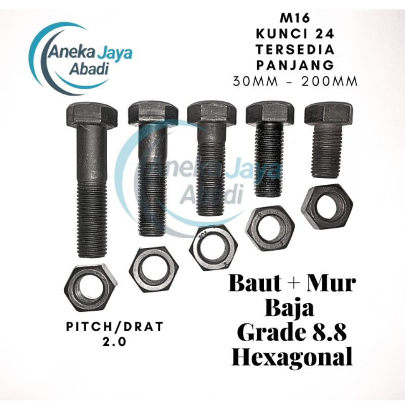 Jual Baut Mur Baja 8.8 Hexagon M16 Panjang 30mm - 200mm / Baud Mur Baja M16x30 - M16x200mm Kunci ...