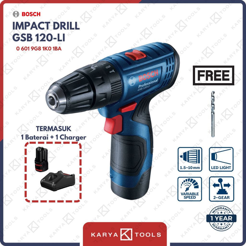 Jual Bosch GSB 120-Li Cordless Impact Drill / Bor Tembok Baterai 12Volt ...