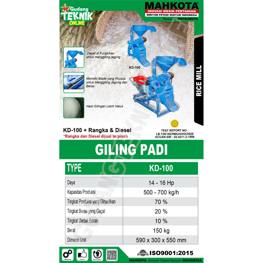 Jual Mesin Penggiling Padi MAHKOTA KD100 / Rice Polisher Beras Kebi ...