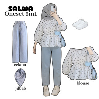 Jual oneset 3in1 blouse flower korean celana jeans kulot highwaist jilbab bella | perempuan ...