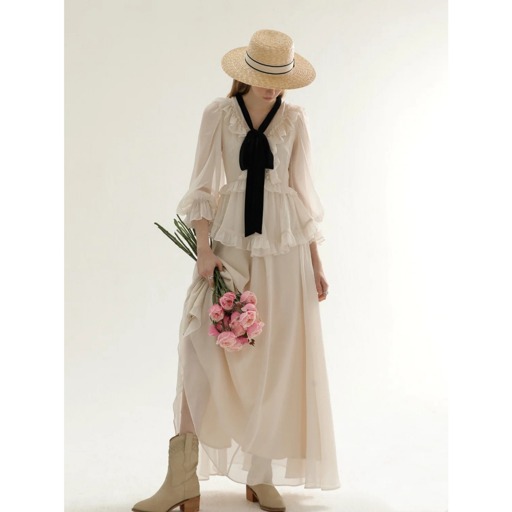 Jual Gaun Sifon Lengan Panjang Berenda Leher V Dengan Simpul Pita ...