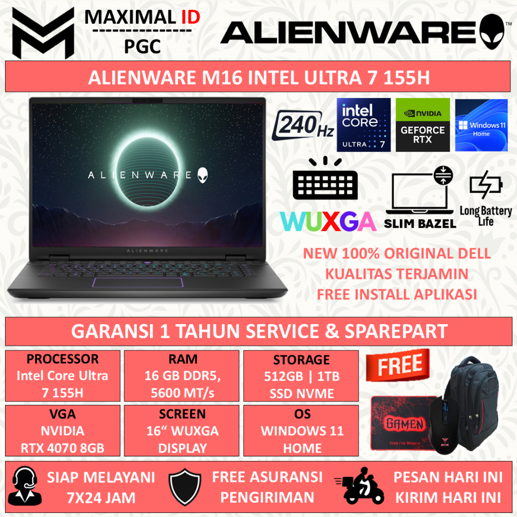 Jual ALIENWARE M16 INTEL ULTRA 7 155H 16GB DDR5 1TB SSD RTX4070-8GB 16. ...