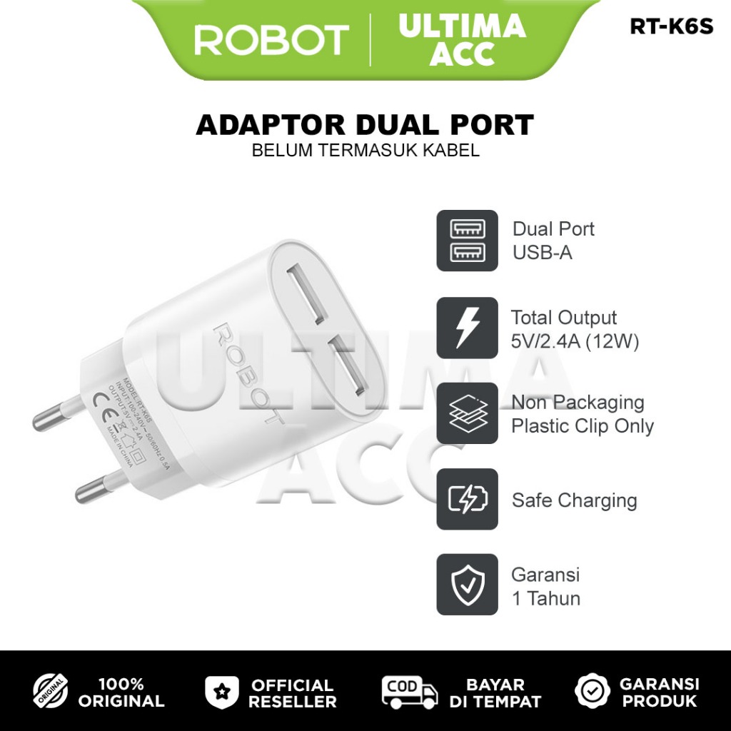 Jual ROBOT Adaptor Kepala Charger Dual Port RT-K6S Casan HP Quick ...