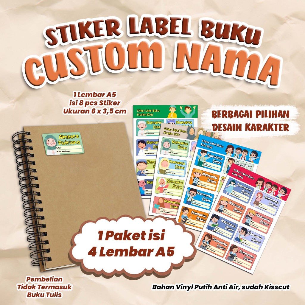 Jual STIKER LABEL BUKU CUSTOM NAMA - Stiker 1 Paket isi 4 Lembar ...