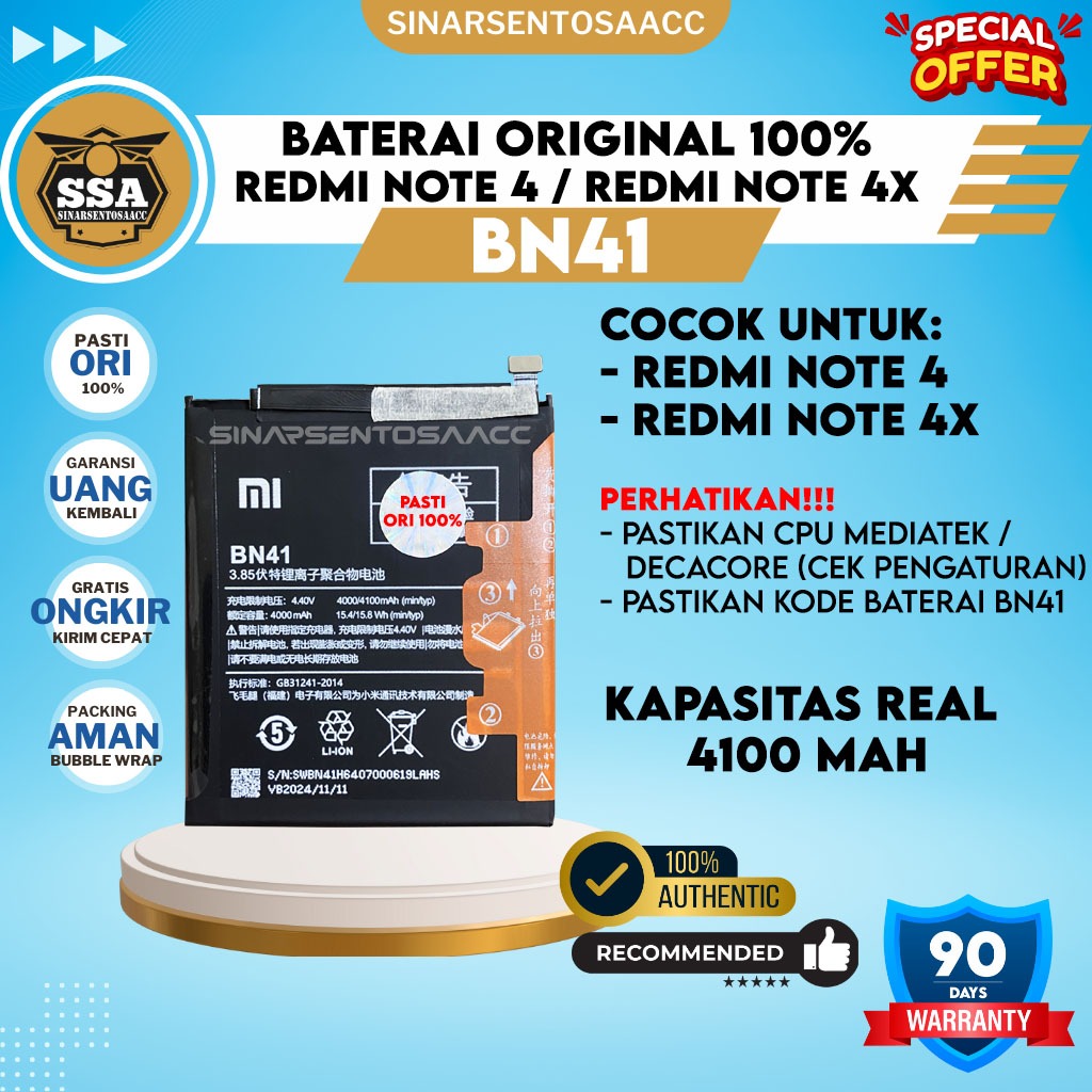 Jual Baterai Original 100% Redmi Note 4 4x BN41 CPU Mediatek Decacore ...