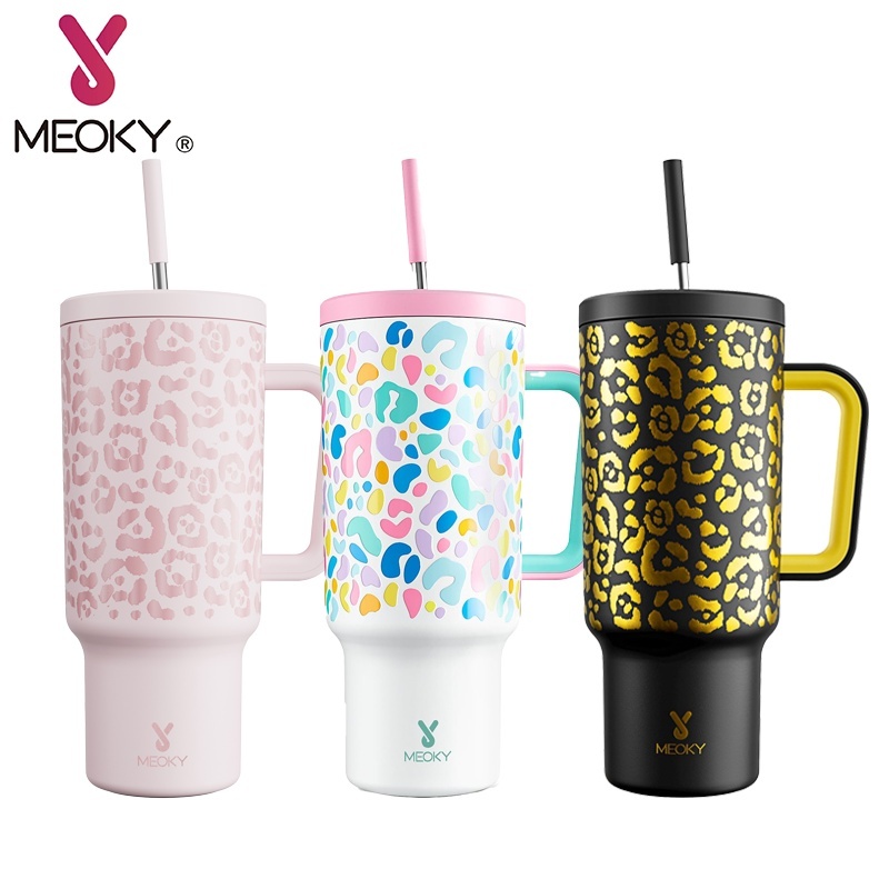 Jual MEOKY 30oz/40oz Cangkir termos motif macan tutul dengan sedotan ...