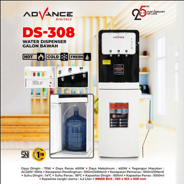 Jual Dispenser galon bawah 3 kran Advance DS 308 panas dingin normal ...