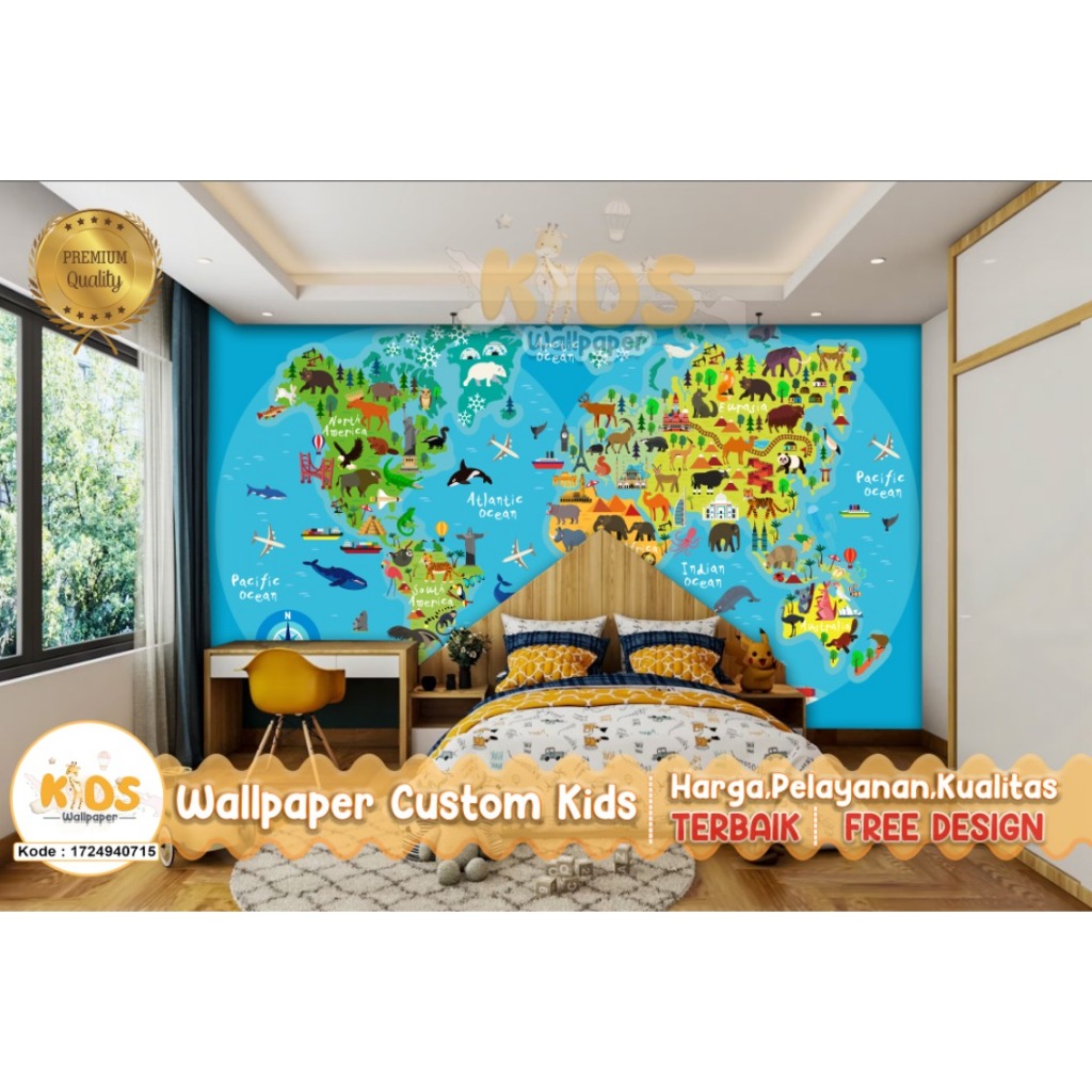 Jual Wallpaper Dinding Custom 3D Tema Maps World Kids | Animasi Hewan ...