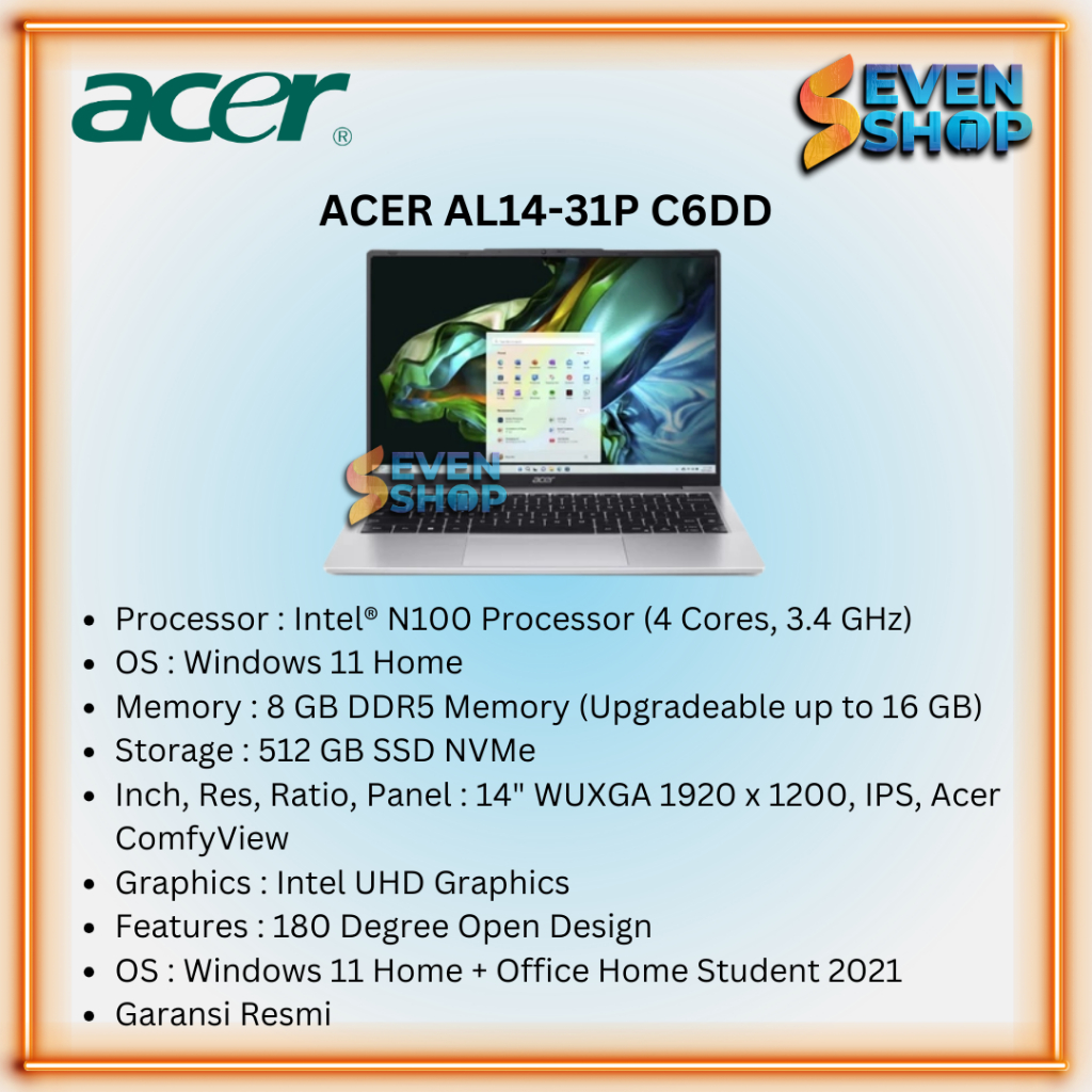 Jual LAPTOP ACER AL14-31P C6DD SILVER RADIANCE CELERON N100, RAM 8GB ...
