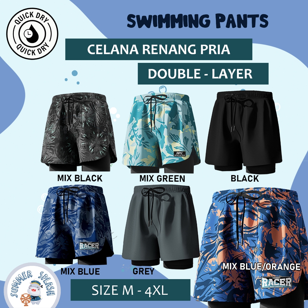 Jual SUMMER SPLASH - CELANA RENANG PRIA DOUBLE DOBEL PENDEK SURFING SWIM (RACER) | Shopee Indonesia