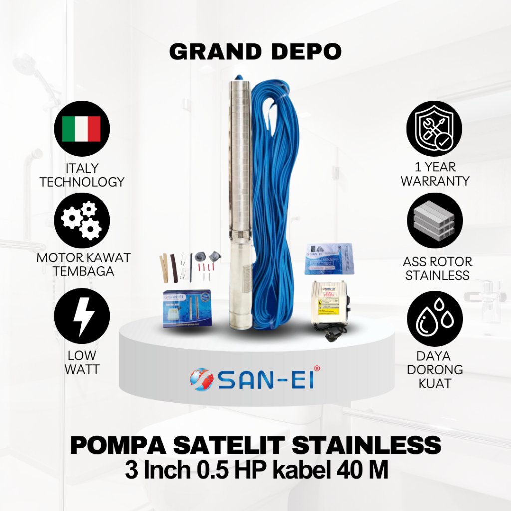 Jual San Ei Pompa Air Satelit 3 inch 0.5 HP + Kabel 40 Meter Stainless / Pompa Submersible San ...