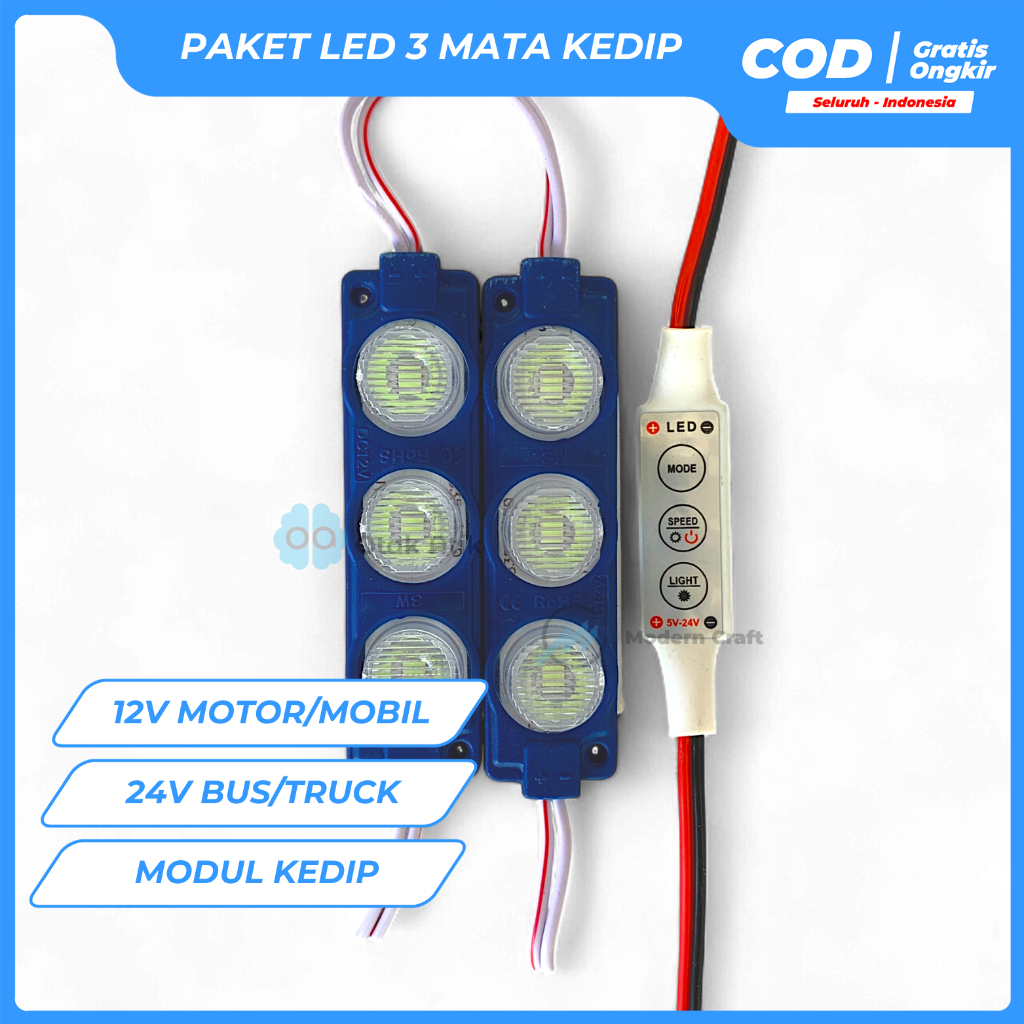 Jual Paket Lampu LED 3 MATA+Modul blitz Kedip Pesawat 12v/24v Lampu ...