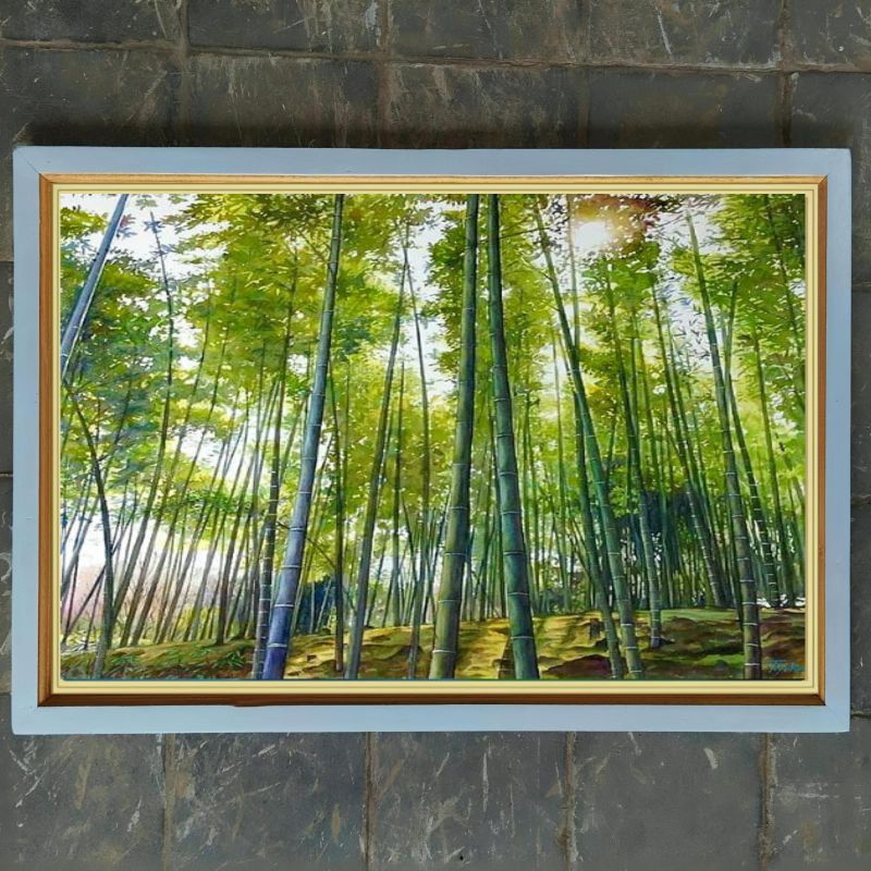 Jual hiasan dinding lukisan cetak hutan bambu hijau plus bingkai ukuran ...