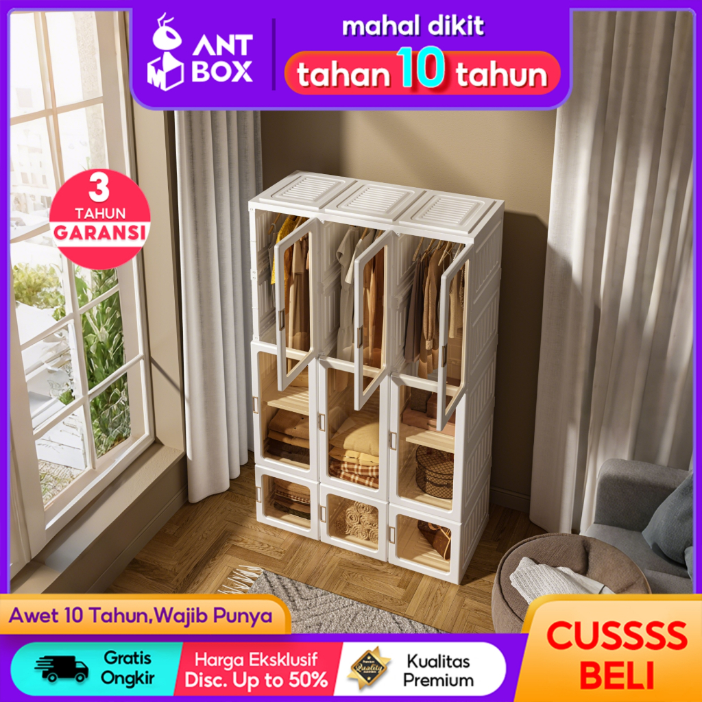 Jual ANTBOX Lemari Pakaian 6 Box - 15 Box 360L- 890L Lemari Baju Pintu Transparan Multifungsi ...