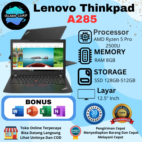 Jual Laptop Lenovo Thinkpad A285 Core Ryzen 5 Pro 2500U RAM 8GB SSD 128GB / 256GB / 512GB layar ...