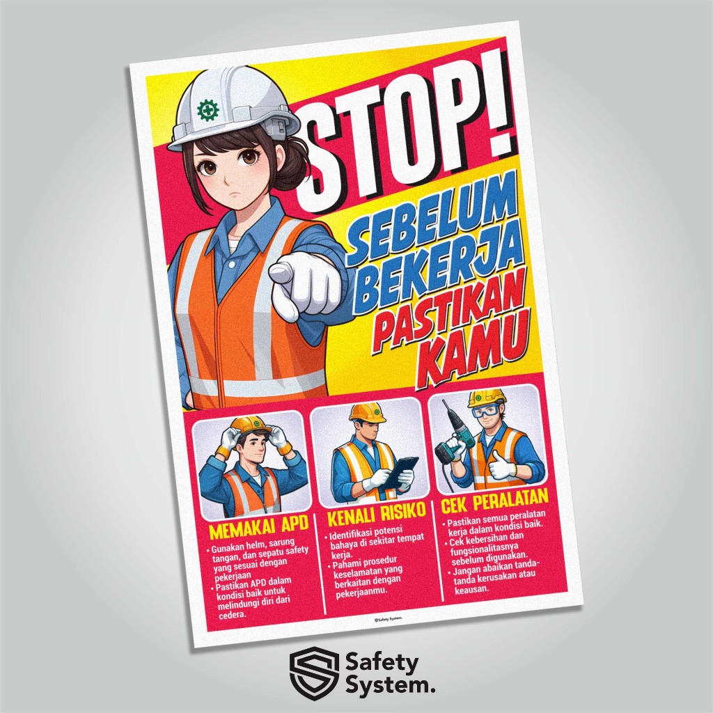 Jual Poster K3 Safety STOP Sebelum Bekerja Pastikan Kamu Memakai APD ...