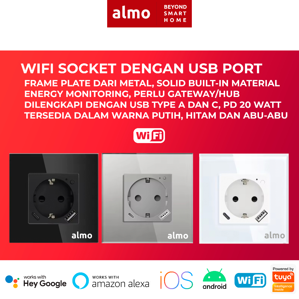 Jual ALMO Tuya Wifi Smart Socket EU Version dilengkapi dengan USB A dan Type C Power Delivery ...