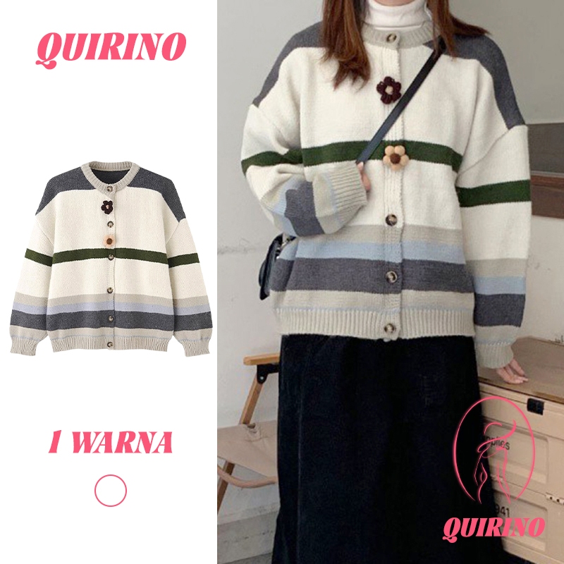Jual QUIRINO - Sweter garis-garis blok warna gaya Korea style cardigan ...