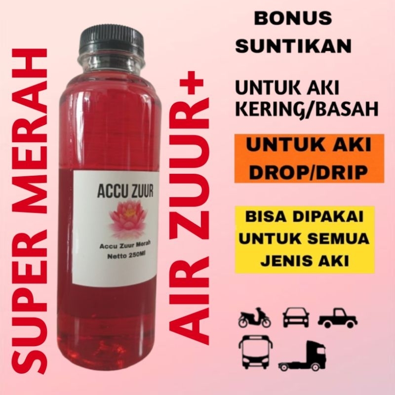 Jual Air Aki Zuur Merah 250Ml buat aki kering soak/drip - Bonus ...