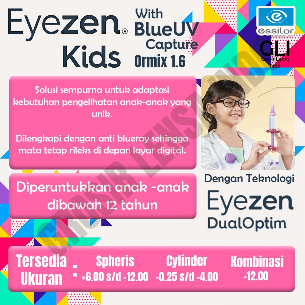 Jual LENSA KACAMATA ESSILOR SV EYEZEN KIDS BLUE UV CAPTURE ORMIX 1.6 ...