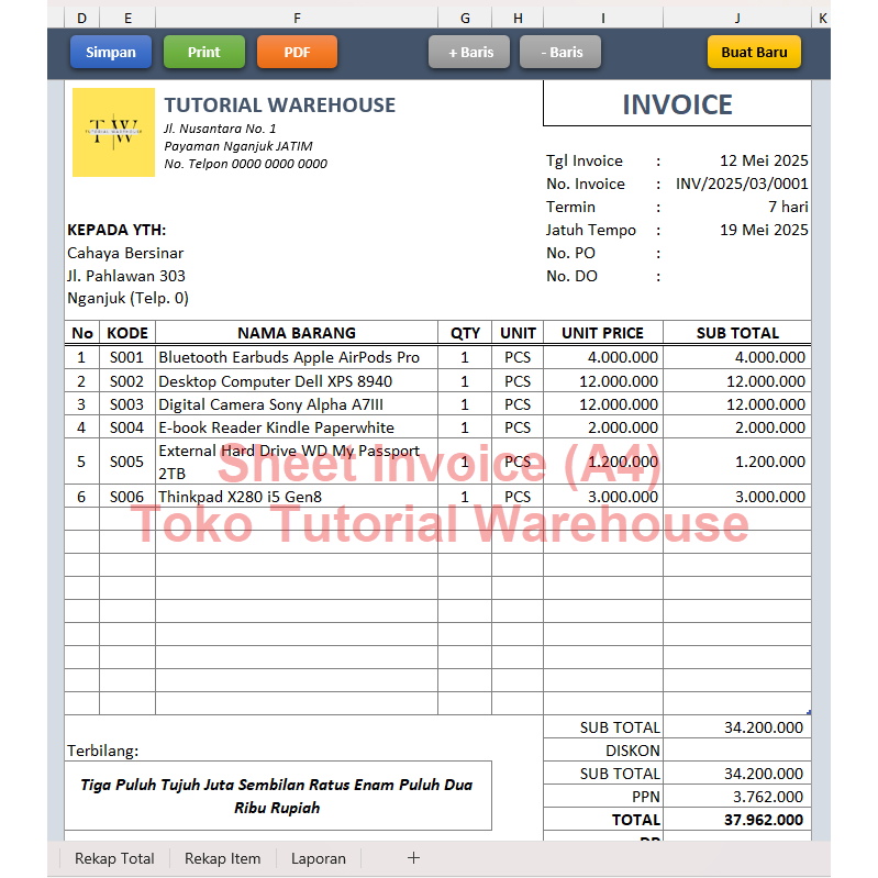 Jual Template Excel Invoice Otomatis Simpan ke Arsip, Cetak PDF, Cetak ke Printer | Shopee Indonesia