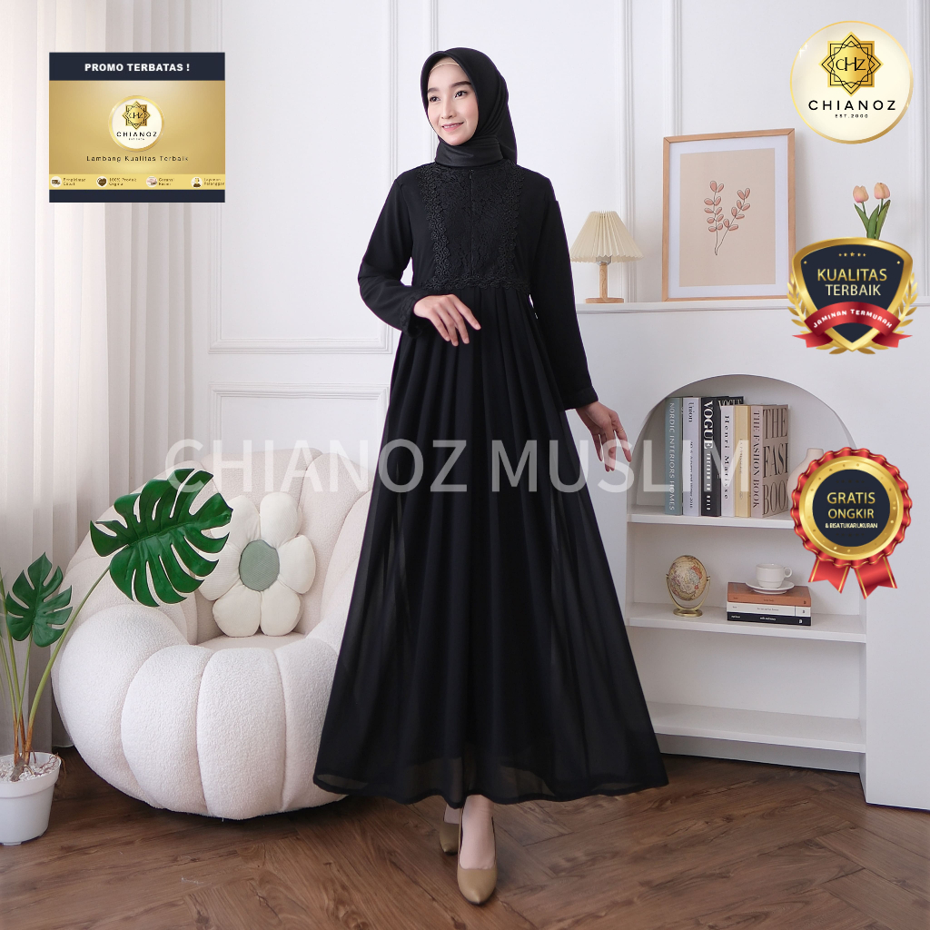 Jual CHIANOZ Gamis Hitam Mewah Siska Dress Brukat Renda Baju Lebaran ...